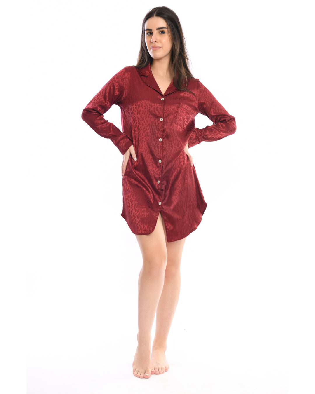 Satin Printed Nightshirt Long Sleeve Red